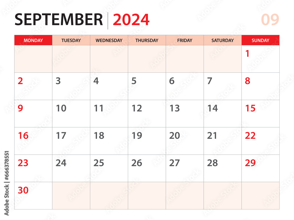 Calendar planner 2024 - September 2024 template, week start on Monday ...