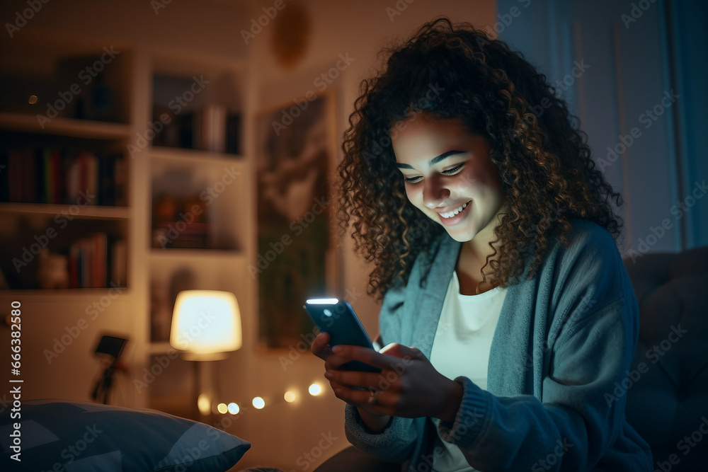 Happy teen girl checking her phone Stock Illustration | Adobe Stock