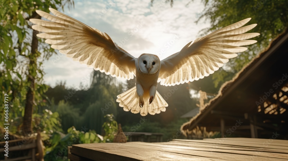 Big barn owl flying in fligh, Barn owl Tyto alba on aesthetic scenery ...