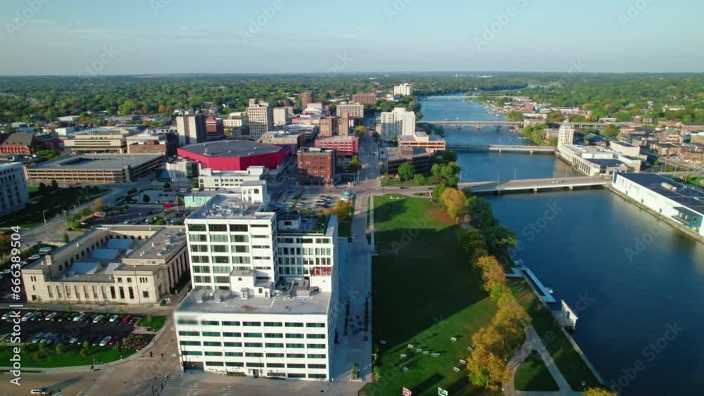 Drone aerial shot of Rockford, Illinois, the camera follows the Rock ...