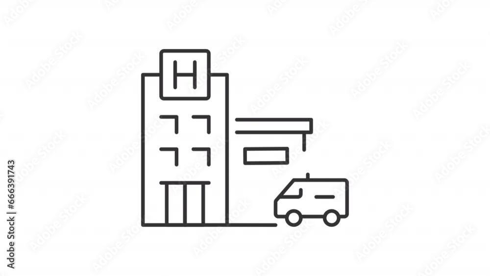 2D black simple thin line animation of hospital icon, HD video with ...