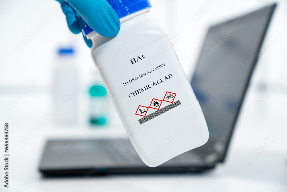 HAt hydrogen astatide CAS chemical substance in white plastic ...