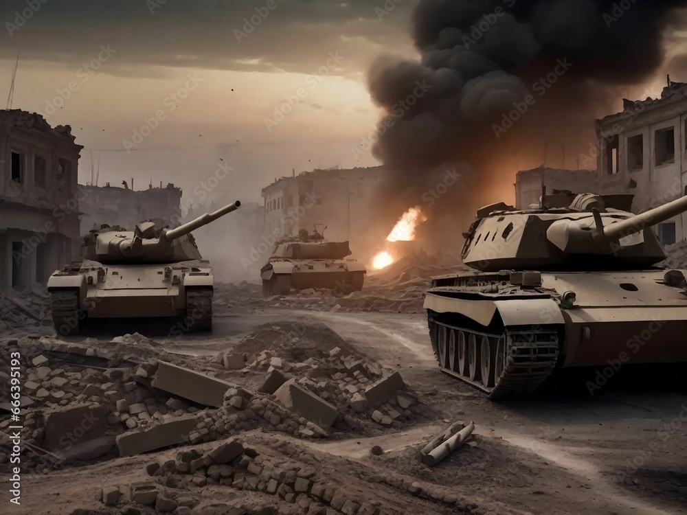 View of a city destroyed by war. Battle tanks and destroyed buildings ...