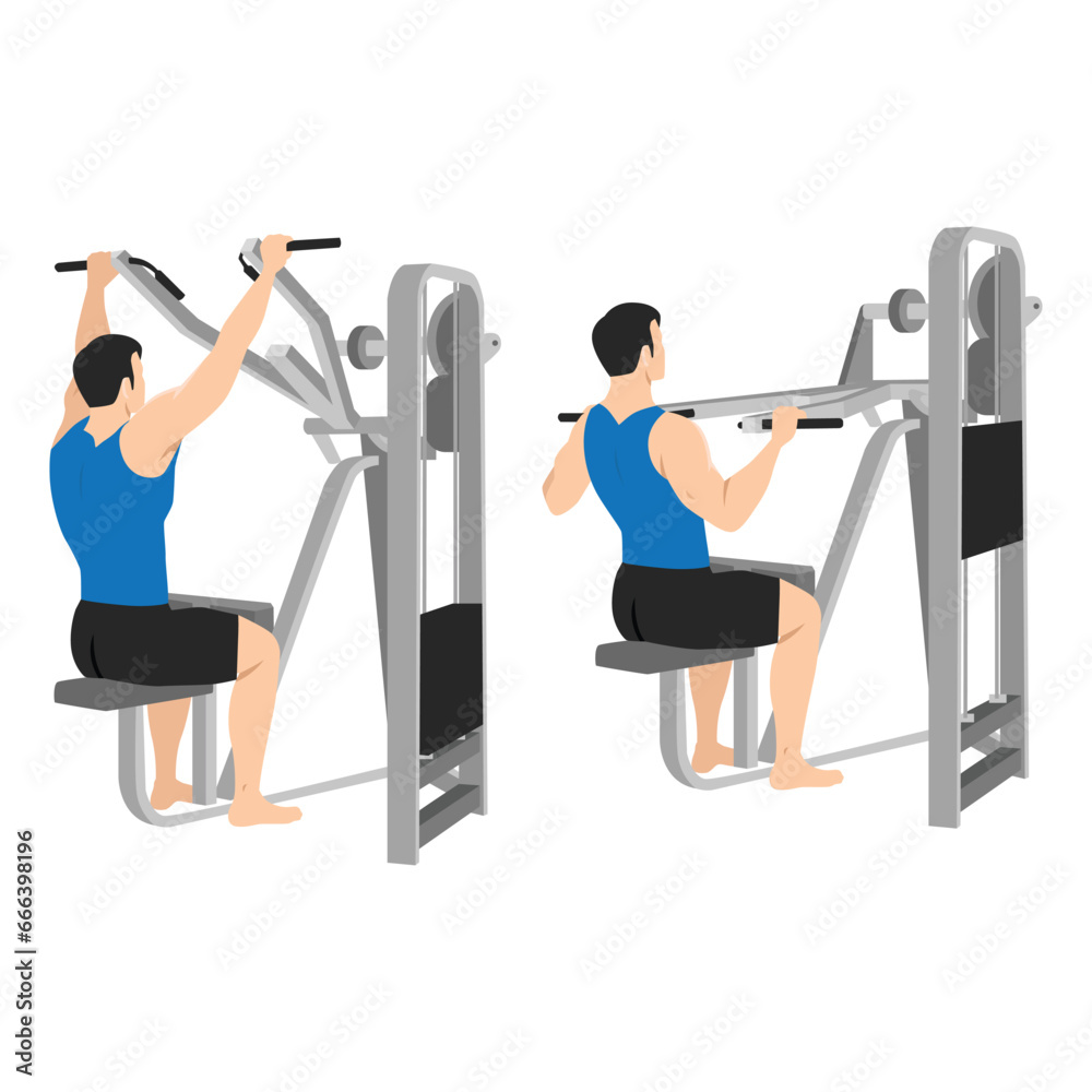 Man doing lever front pulldown, lat machine pull down. Flat vector ...