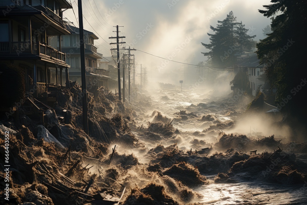Devastating tsunami, portraying the immense destruction and chaos left ...