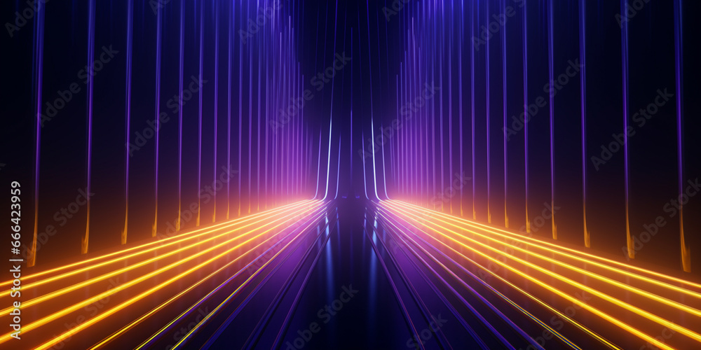Neon dark stage shows empty room: neon light, spotlights, dark blue ...