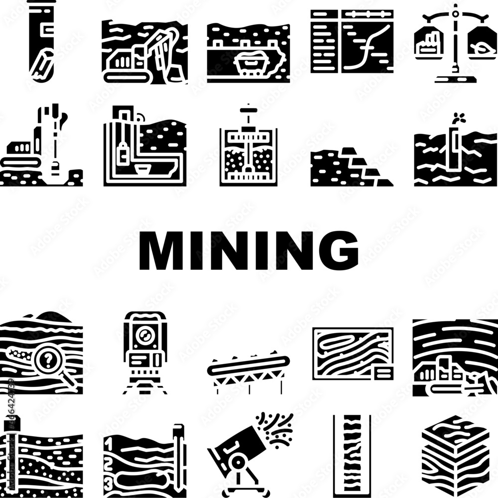 mining engineer industry icons set vector. miner coal, equipment ...