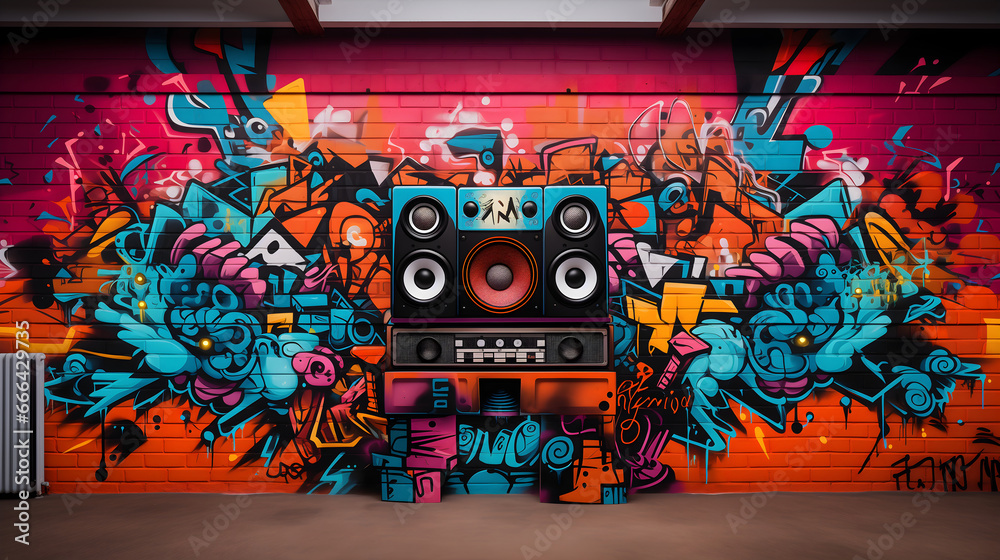 80s inspired spray paint mural of a ghetto blaster boombox on brick ...