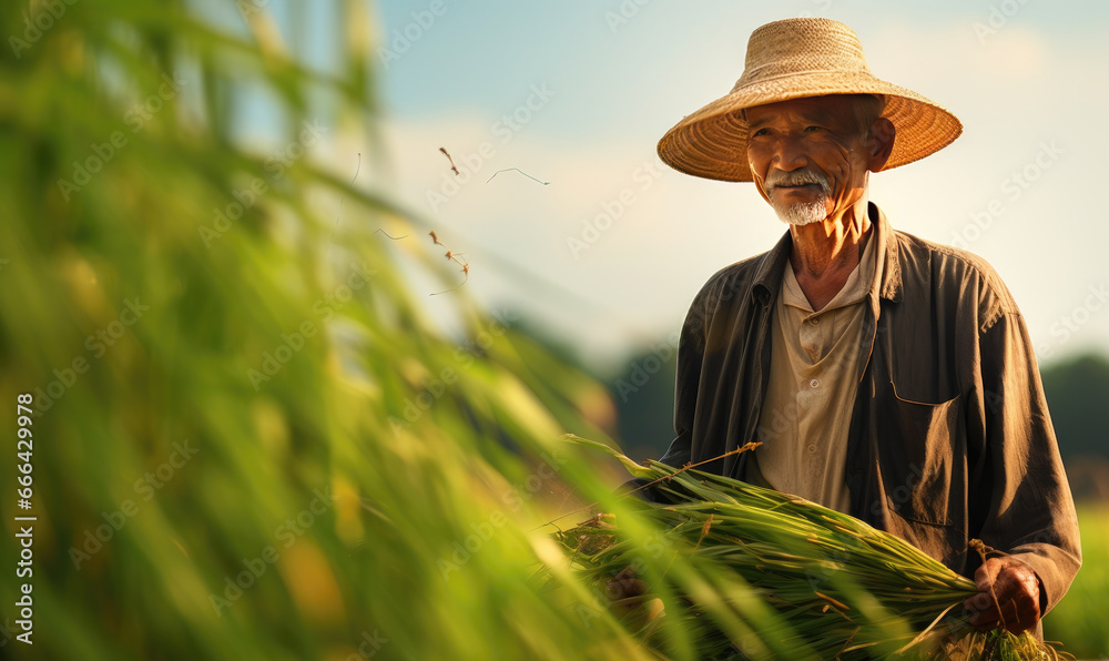Farmer with smile standing on his rice field,Front view of male farmer ...