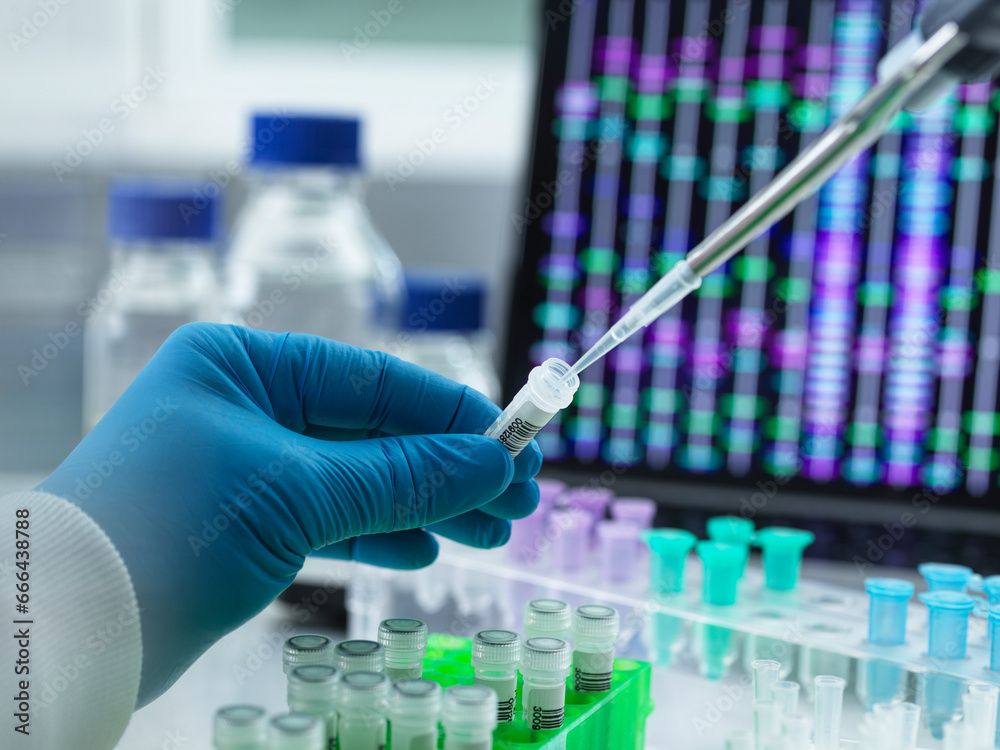 Scientist pipetting DNA sample into vial for testing Stock Photo ...