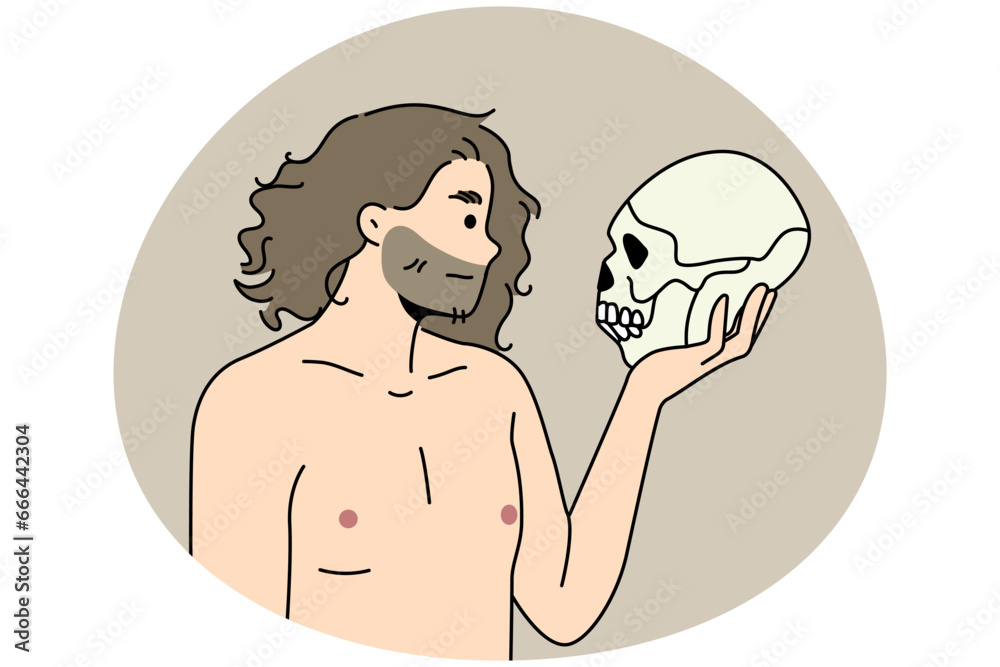 Neanderthal man holding in arms talking to ancestor skull. Prehistoric ... Neanderthal man holding in arms talking to ancestor skull. Prehistoric ...