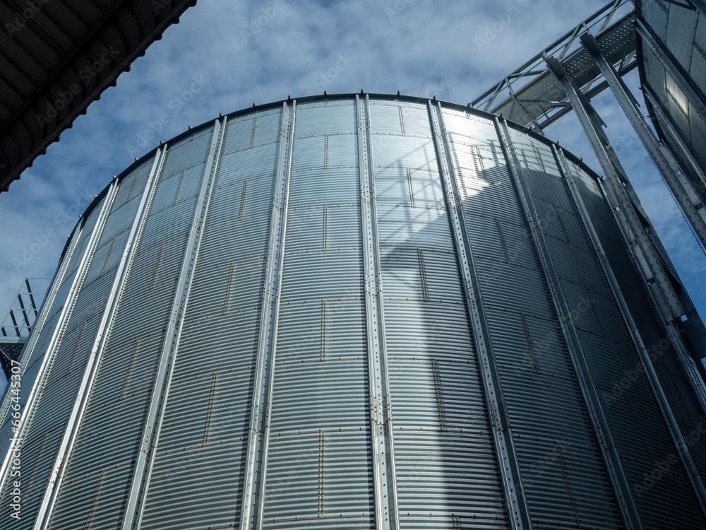 Paddy rice storage steel silo in a milling plant. Agriculture produces ...