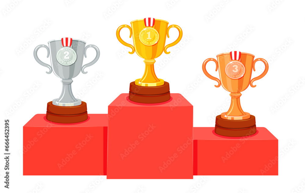 Cartoon podium with winners cups. Prizes for first, second and third ...