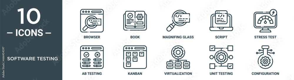 Vetor de software testing outline icon set includes thin line browser ...
