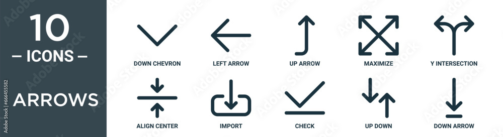 arrows outline icon set includes thin line down chevron, left arrow, up ...