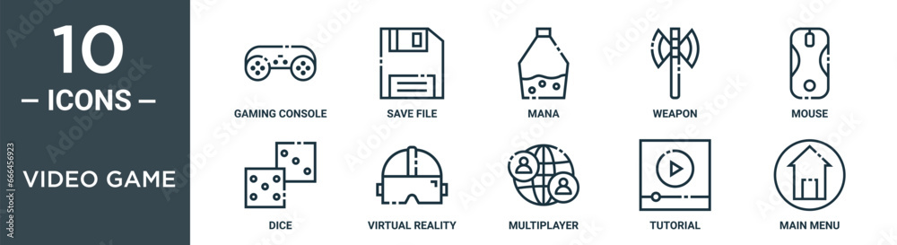 video game outline icon set includes thin line gaming console, save ...