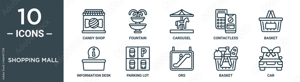 shopping mall outline icon set includes thin line candy shop, fountain ...