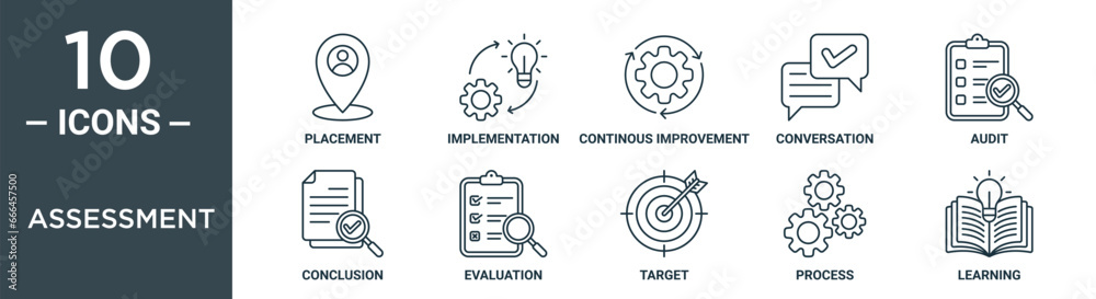 assessment outline icon set includes thin line placement ...