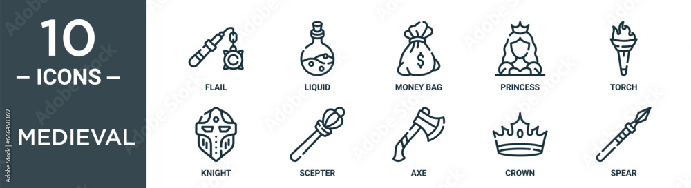 Vetor de medieval outline icon set includes thin line flail, liquid ...