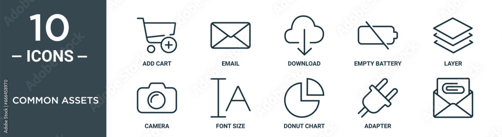 common assets outline icon set includes thin line add cart, email ...