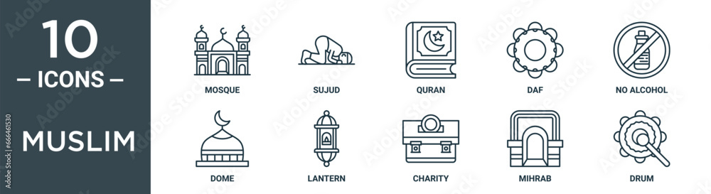 muslim outline icon set includes thin line mosque, sujud, quran, daf ...