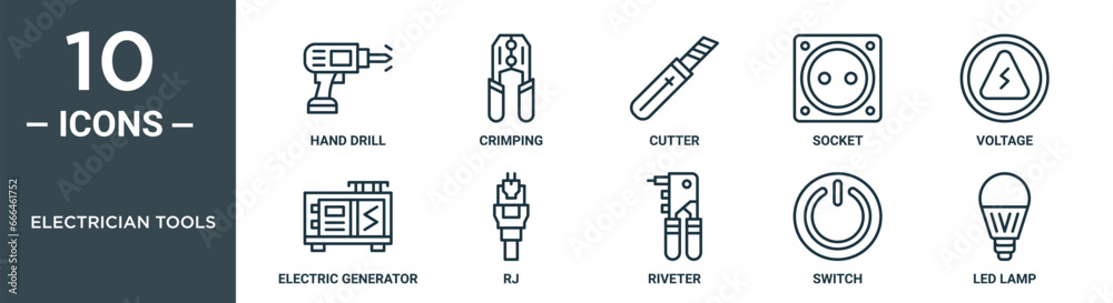 electrician tools outline icon set includes thin line hand drill ...