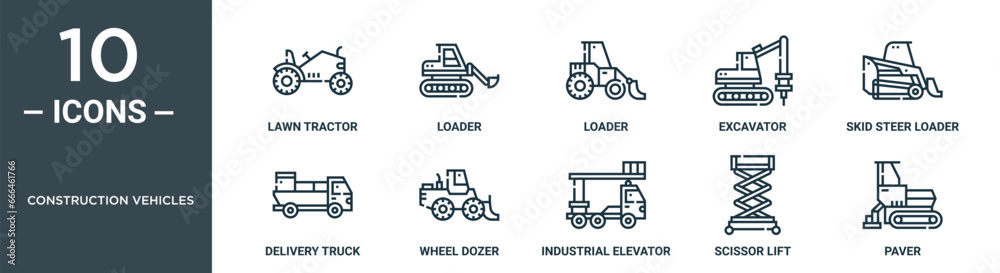 construction vehicles outline icon set includes thin line lawn tractor ...