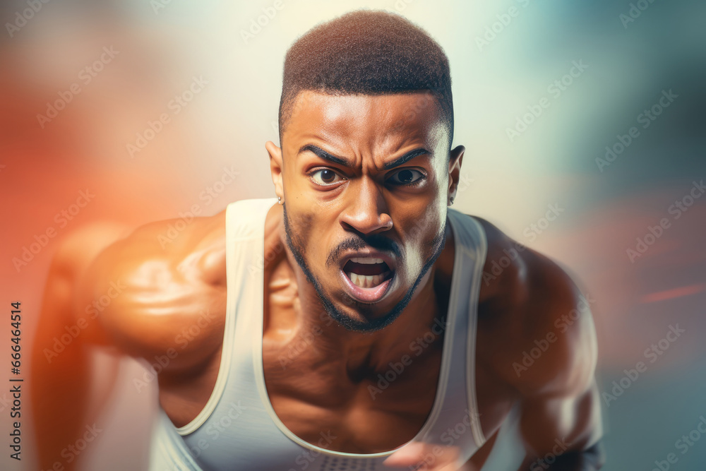 Sheer Determination: Athletic man in a starting sprinter's position ...