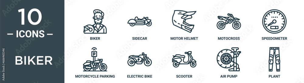 biker outline icon set includes thin line biker, sidecar, motor helmet ...