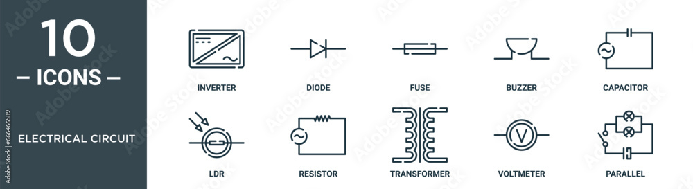 electrical circuit outline icon set includes thin line inverter, diode ...