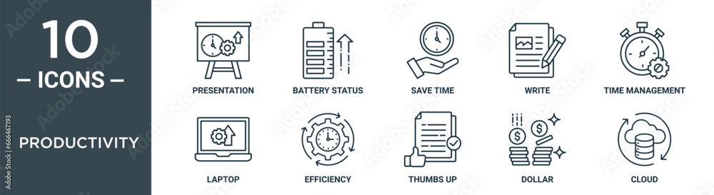 productivity outline icon set includes thin line presentation, battery ...