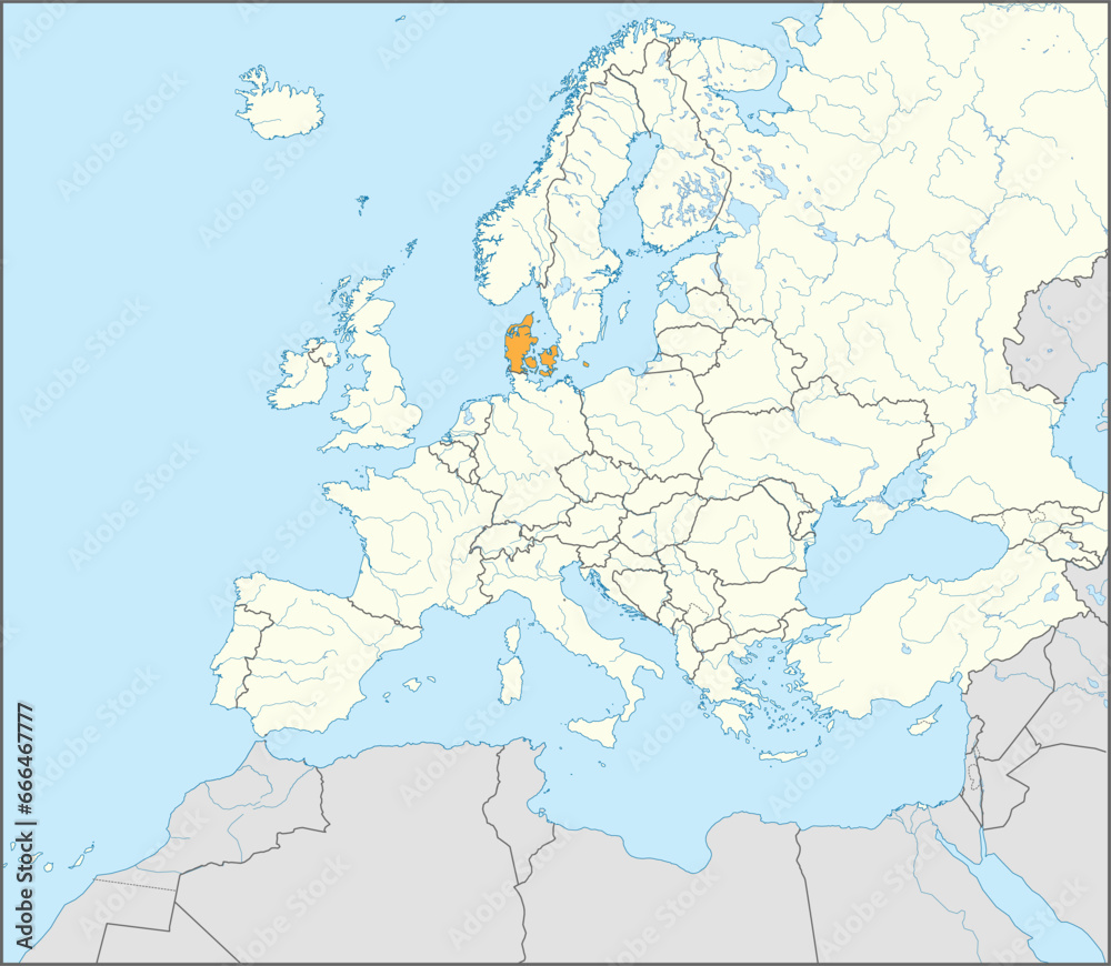 Orange CMYK national map of DENMARK inside detailed beige blank ...