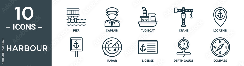 harbour outline icon set includes thin line pier, captain, tug boat ...