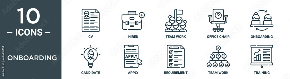 onboarding outline icon set includes thin line cv, hired, team work, office chair, onboarding ...