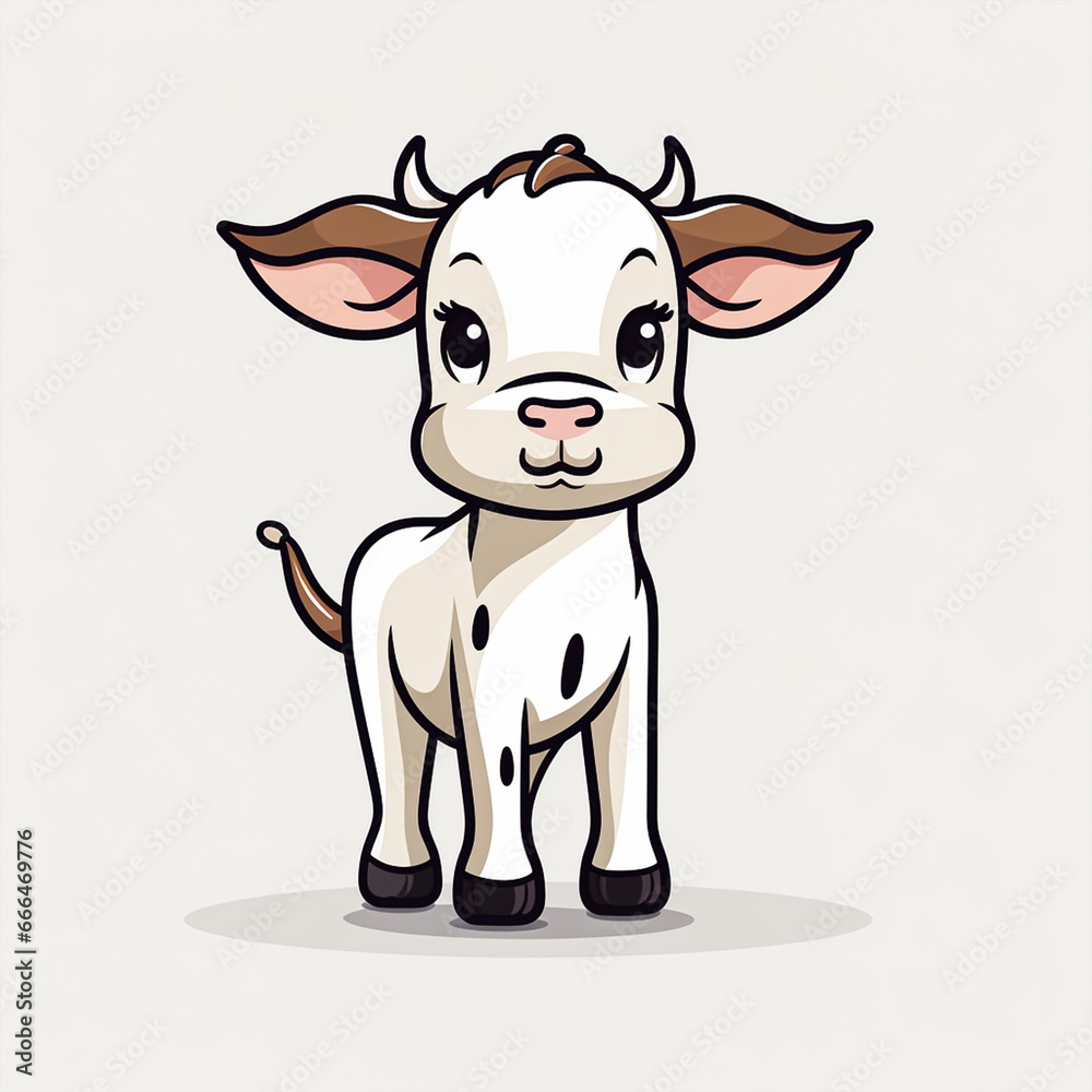 2d cute cartoon cow animal, 2d cartoon with sharp outlines on White ...