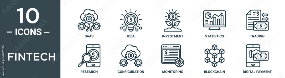fintech outline icon set includes thin line saas, idea, investment ...