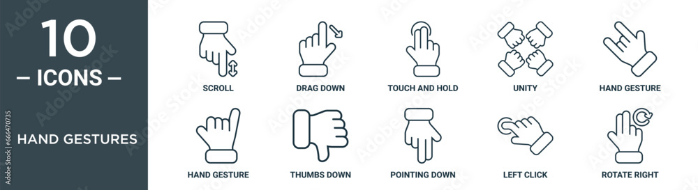 Vetor de hand gestures outline icon set includes thin line scroll, drag ...