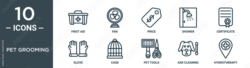 pet grooming outline icon set includes thin line first aid, fan, price ...