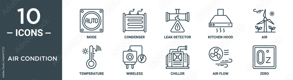 air condition outline icon set includes thin line mode, condenser, leak ...