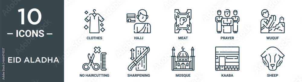 eid aladha outline icon set includes thin line clothes, hajj, meat ...