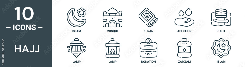 hajj outline icon set includes thin line islam, mosque, koran, ablution ...