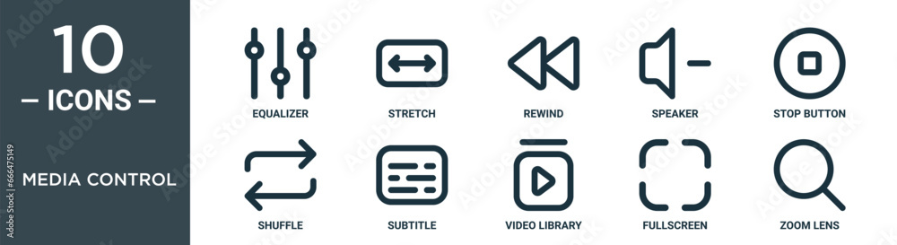 media control outline icon set includes thin line equalizer, stretch ...