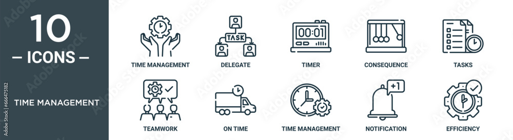 time management outline icon set includes thin line time management, delegate, timer ...