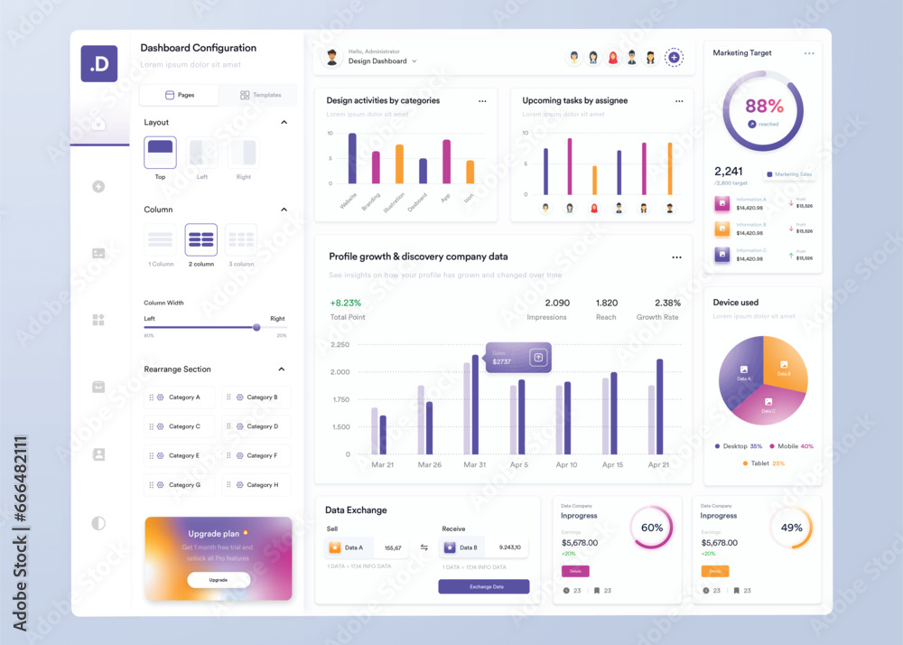 UI UX Infographic dashboard. UI design with graphs, charts and diagrams ...