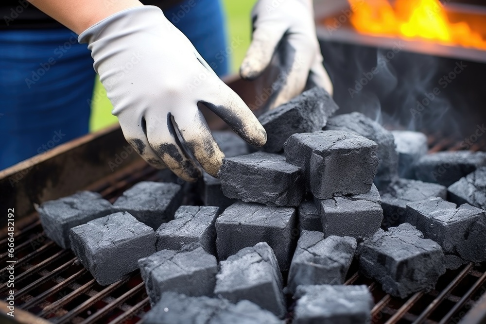 grill gloves placing charcoals in a pyramid formation for barbecue ...