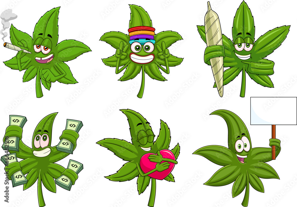 Funny Marijuana Leaf Cartoon Characters. Vector Hand Drawn Collection ...