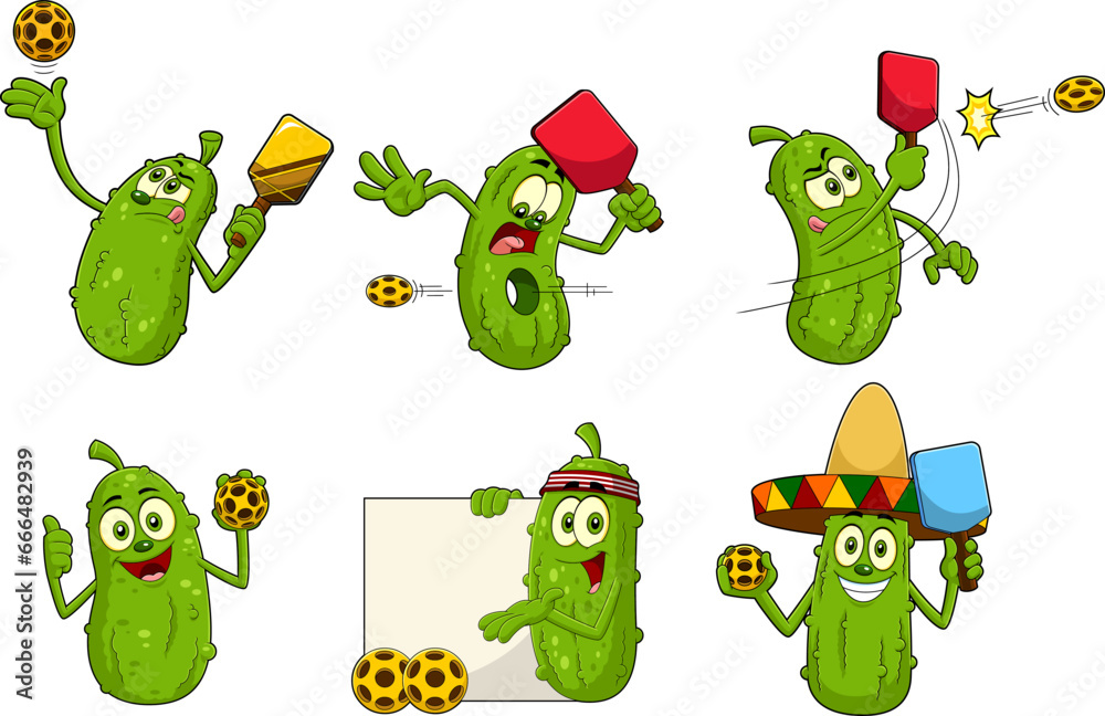 Pickle Cartoon Characters Pickleball Ball Players. Vector Hand Drawn ...