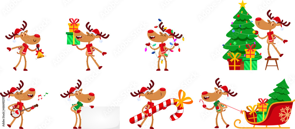 Funny Reindeer Cartoon Character In Different Possess. Vector Flat ...