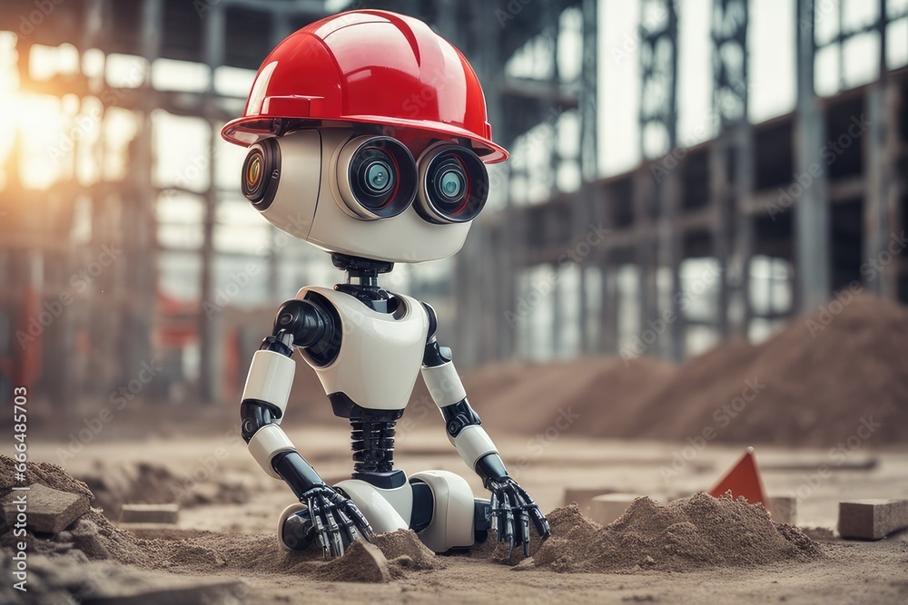 engineer robot wearing red safety helmet in construction site Stock ...