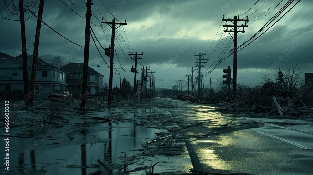 Electrical Hazard: Depict a flooded street with visible electrical ...